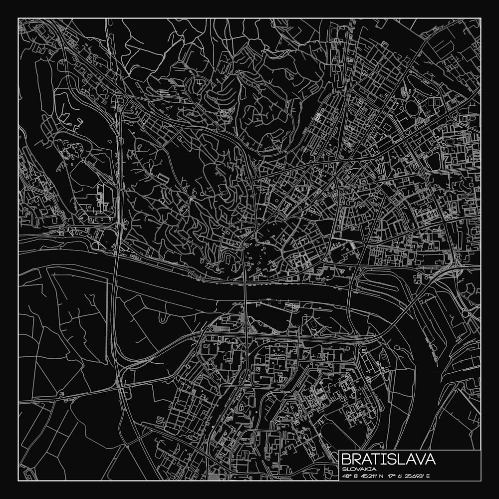 Bratislava, Slovakia, City Map White On Black Blueprint Design Art ...