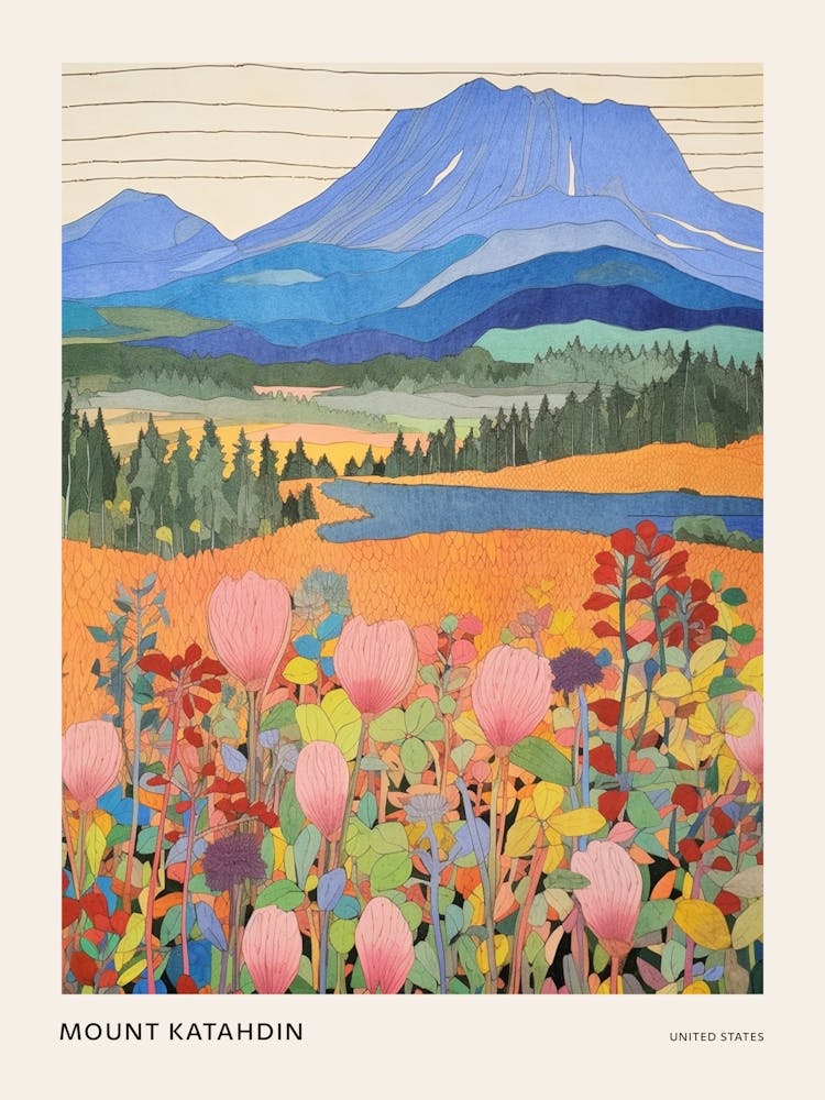 Mount Katahdin United States 1 Colourful Mountain Illustration Poster ...