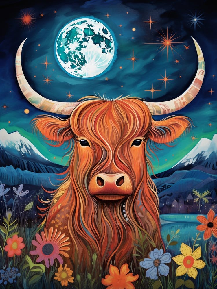 Portrait Of Highland Cow Under The Moon Art Print by Exploring the ...
