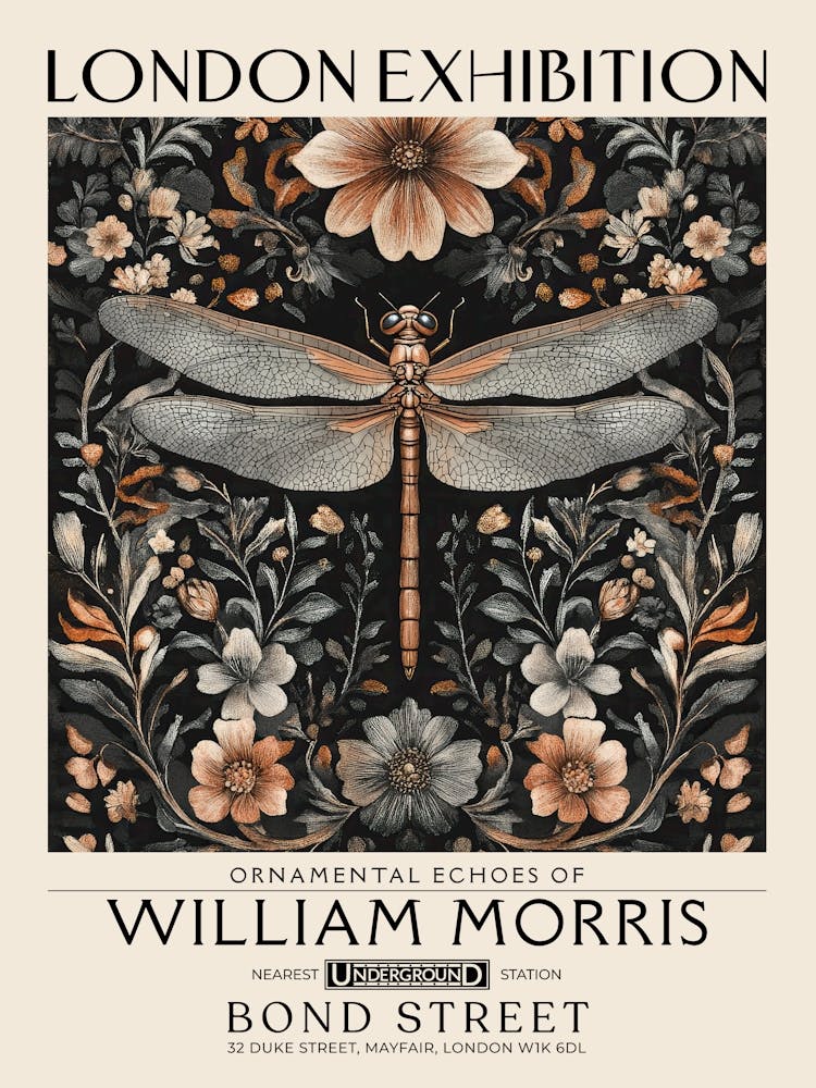 William Morris Dragonfly and floral artwork in Warm earth tones, insect ...
