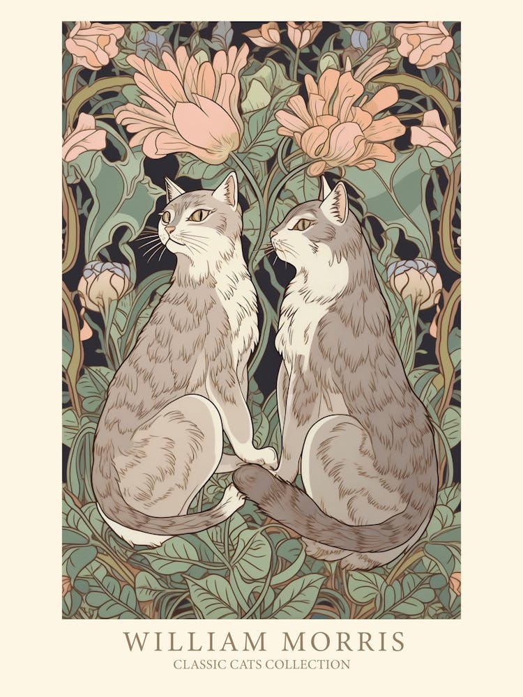 William Morris Inspired Classic Cats Pink Green Floral Art Print by ...